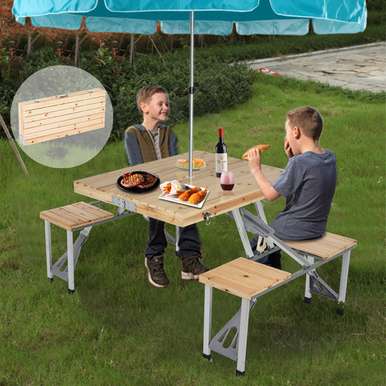 Portable Foldable Camping Table With Seats Chairs And Umbrella Hole ...